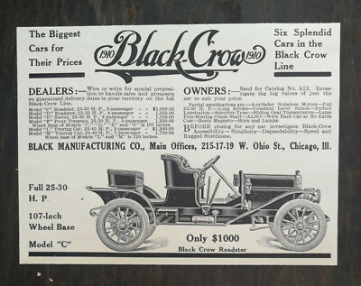 Vintage 1910 Black Crow Cars Black Manufacturing Company Original Ad ...
