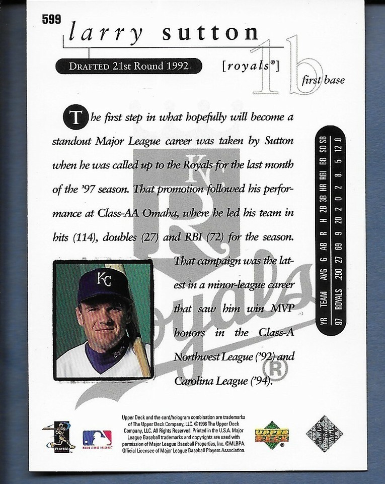 1998 Upper Deck Star Rookie Larry Sutton #599 ROYALS NM | eBay