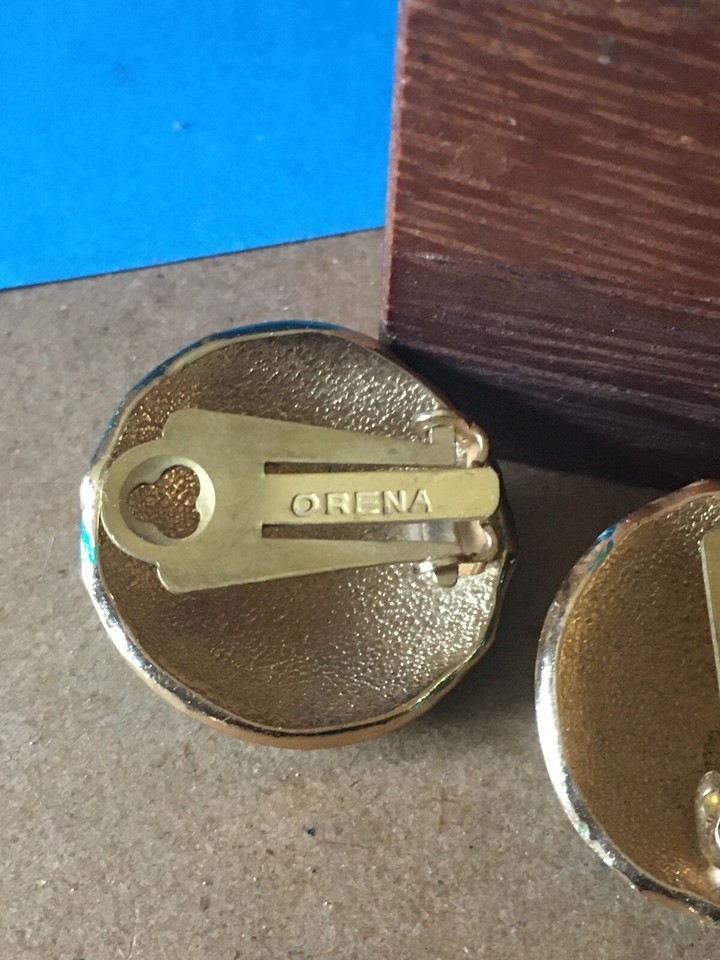 Vintage Paire de Boucles d'Oreilles Clips Dorés Fleur Verte et Bleue ...