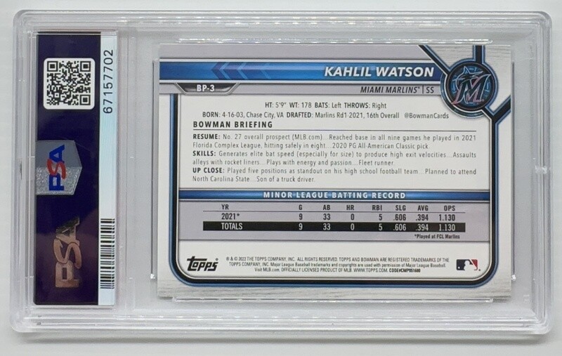 2022 Bowman Kahlil Watson Paper 1st Prospect #BP-3 PSA 10 Marlins | eBay