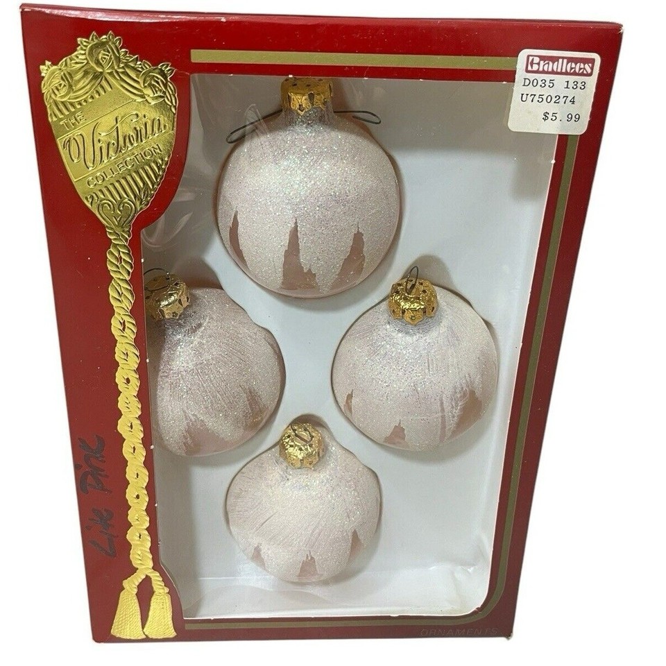 Vtg Glitter Snowcap Ball Ornament Rose Pink Victoria Collection NIB Set ...