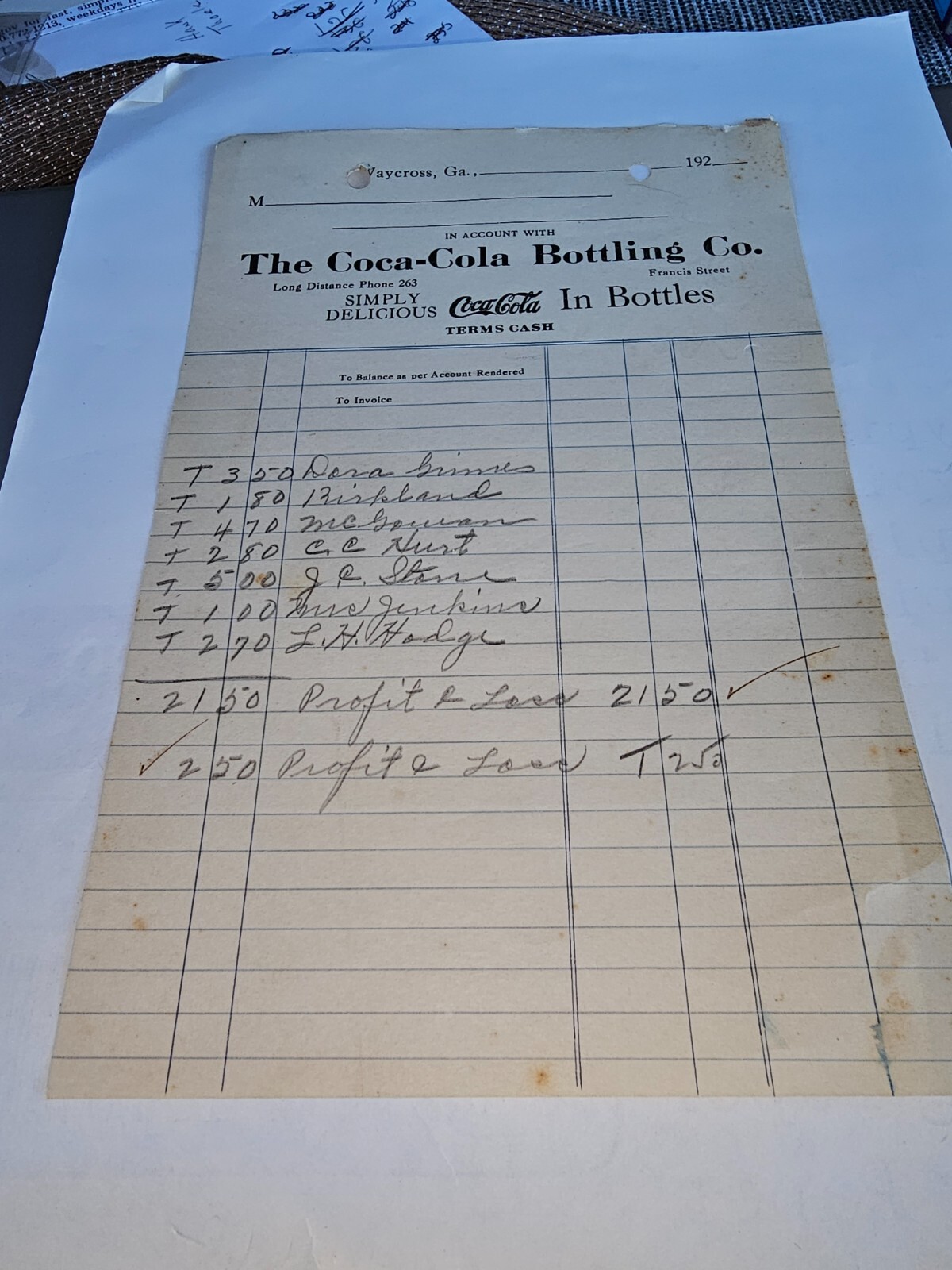 1920s The COCA-COLA BOTTLING CO. Waycross Ga Invoice/Receipt var 2 | eBay