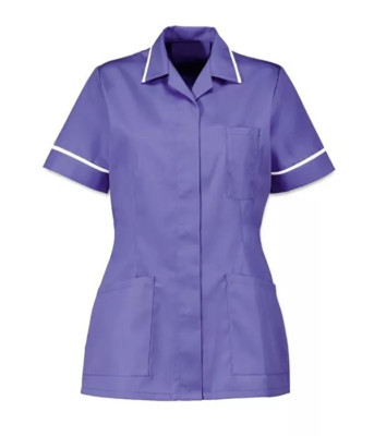 NURSES HEALTHCARE TUNIC, DENTAL NHS SCRUB TOP. PURPLE WITH WHITE TRIM ...