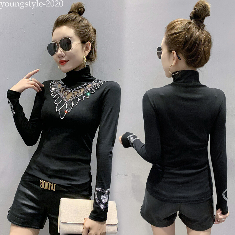 Women Sexy Rhinestone Mesh Sheer Mock Neck Party Club Slim Tops ...