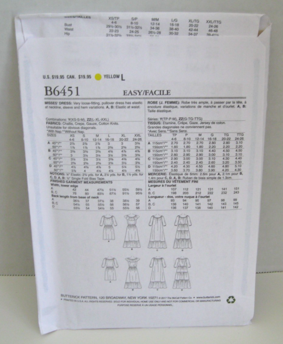 /UNCUT Butterick B6451 Pattern Misses Dress 4 Variations (Sizes XS-MD ...