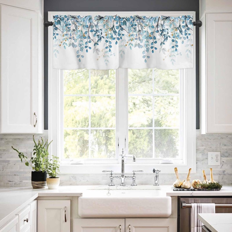 Sage Blue Eucalyptus Leaves Curtain Valance for Windows Watercolor ...
