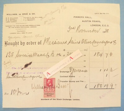 WILLIAMS de BROE & Co 1938 Bought by order Saint Olive Cambefort London ...