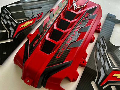2020/24 CORVETTE C8 ENGINE COVER TORCH RED SILVER EMBLEM CARBON FIBER ...