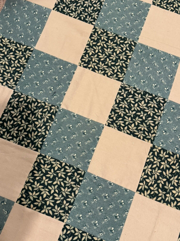 Unfinished Quilt Top - PATCHWORK SQUARES - FLANNEL - Tan & Green - 50 X ...