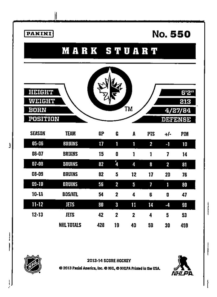 2013-14 Score #550 Mark Stuart Winnipeg Jets | eBay