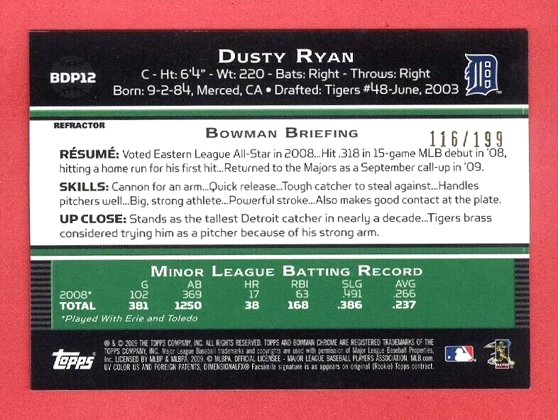 2009 BOWMAN CHROME (BB) Dusty Ryan SP XFRACTOR RC CARD #BDP12 #d 116/ ...