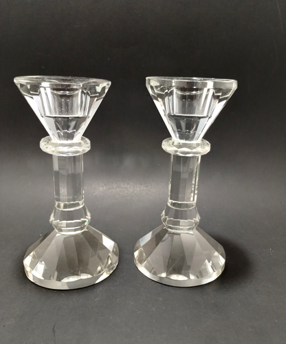 (2) LEAD CRYSTAL Candlesticks~Panel Cut Columns~5.5" tall~Nice Prism ...