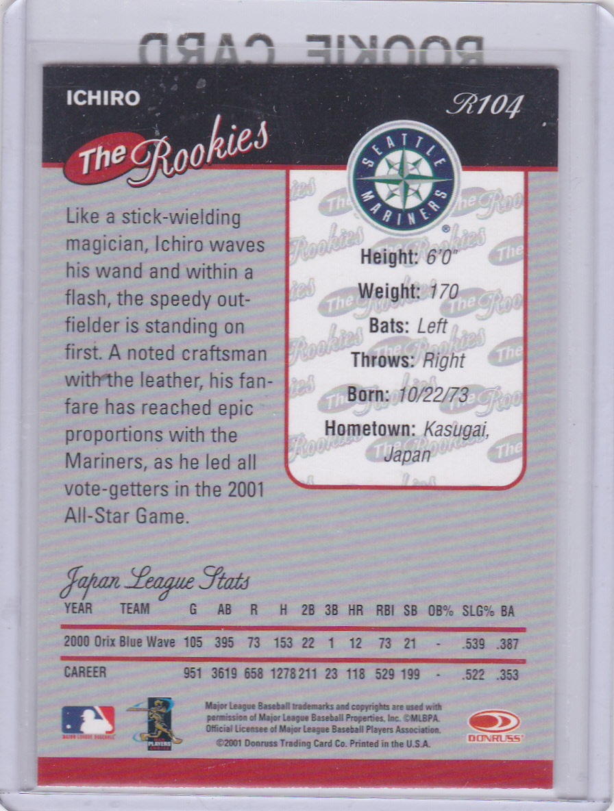 ICHIRO ROOKIE CARD 2001 Donruss THE ROOKIES Suzuki Baseball Japan ...