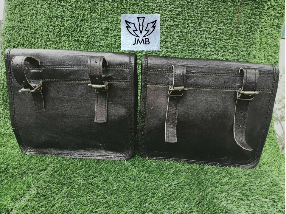 COMBO Real Black Leather Saddle Bag 2 Side Bag 1 Tool Pouch Motorcycle ...