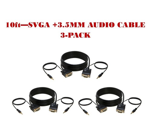 3-Pack - 10FT SVGA M/M + 3.5mm Aux Audio Cable Jack for Monitor PC ...