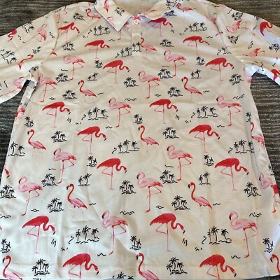 Golf Shirt Mens 2XL Flamingo Polo Shirt Palm Trees Funny White Pink New ...