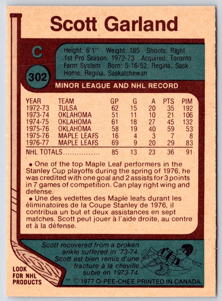 SCOTT GARLAND 1977-78 O-PEE-CHEE 77-78 NO 302 NRMINT+ 54292 | eBay