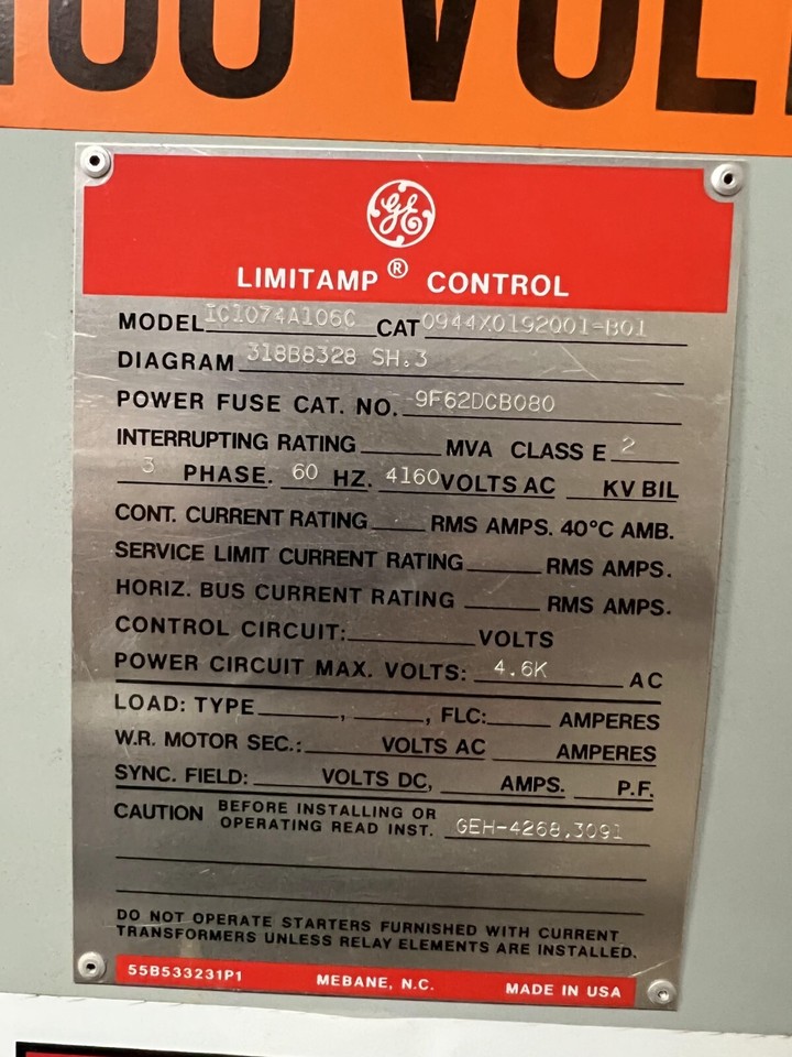 GE Limitamp Control 4160 Starter and Cabinet MODEL IC1074A106C TWO ...