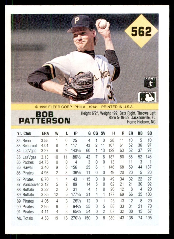 1992 Fleer Bob Patterson Baseball Cards #562 | eBay