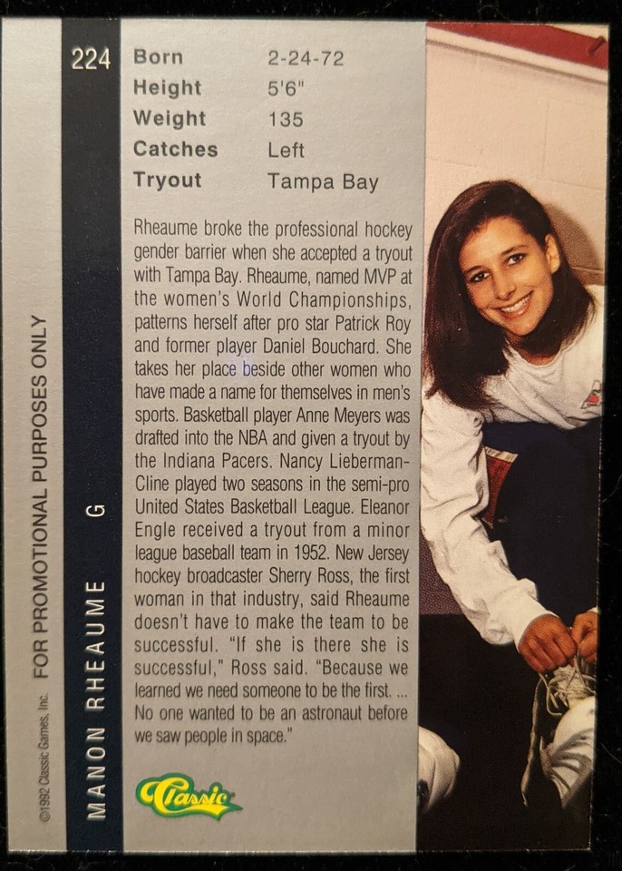 1992 Classic Four Sport MANON RHEAUME #224 Rookie Promotional TAMPA ...