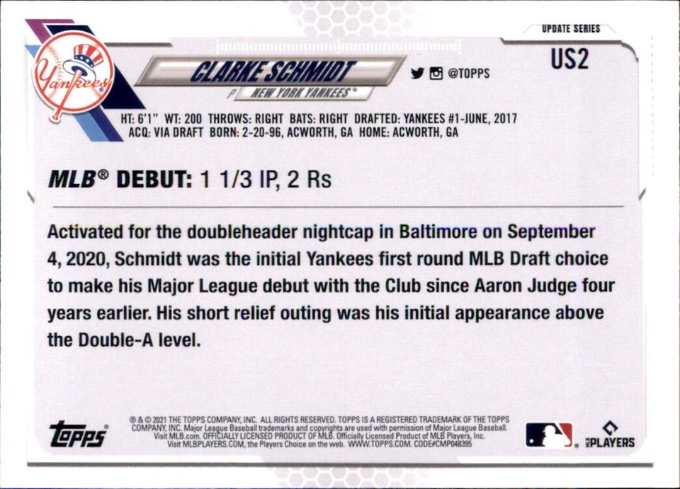 2021 Topps Update Clarke Schmidt Rookie New York Yankees MLB Baseball # ...