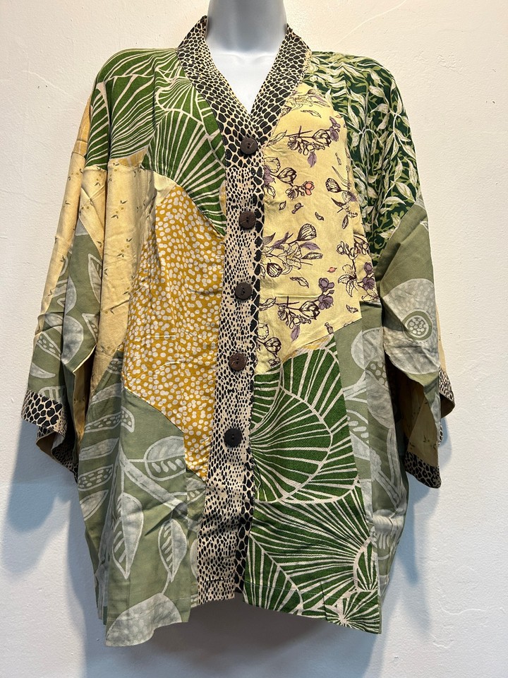 Nwt SACRED THREADS patch hippie boho funky rayon kimono TOP TUNIC 3X ...
