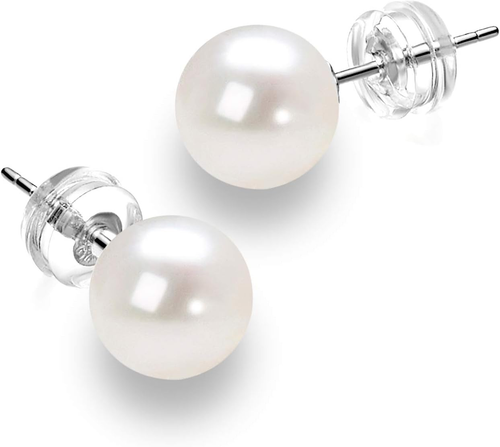 JORA 14K Gold round White Freshwater Cultured Pearl Stud Earrings for ...
