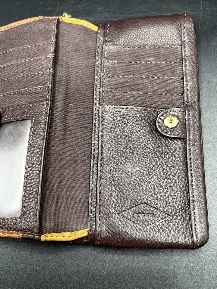 Fossil Tri Color Brown Leather Wallet Embossed Hardware Snap Close VTG ...