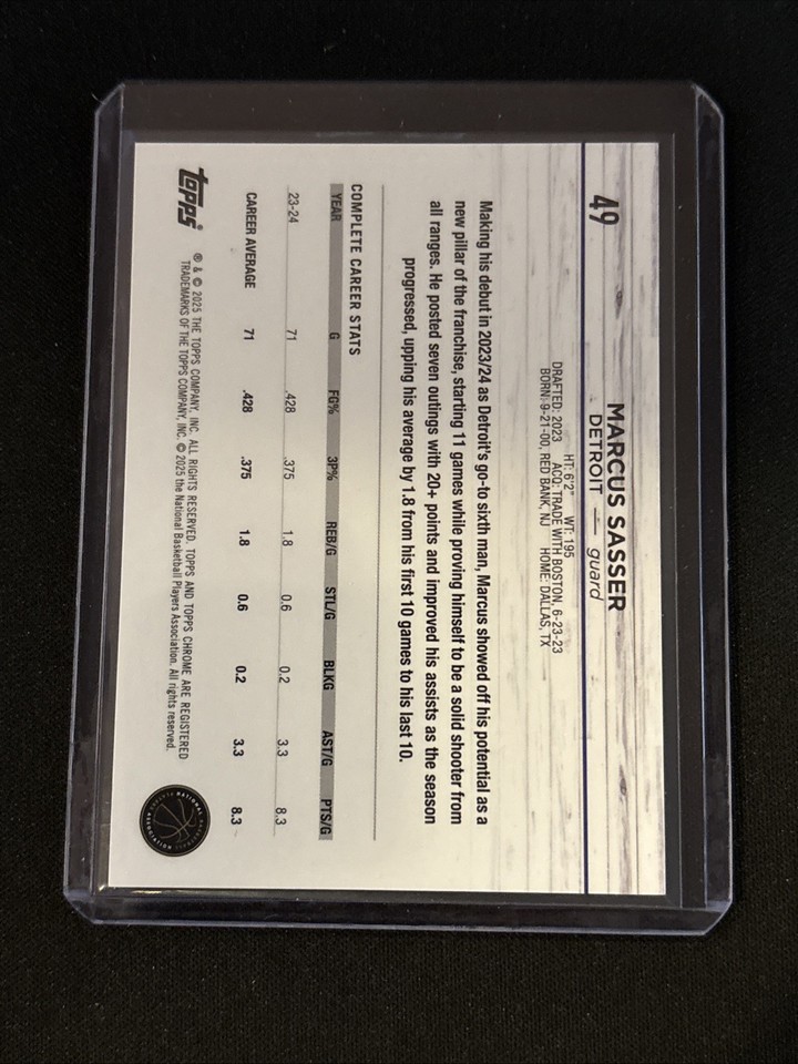 🔥Marcus Sasser 2024-25 Topps Chrome #49 Purple Geometric Refractor 073/ ...