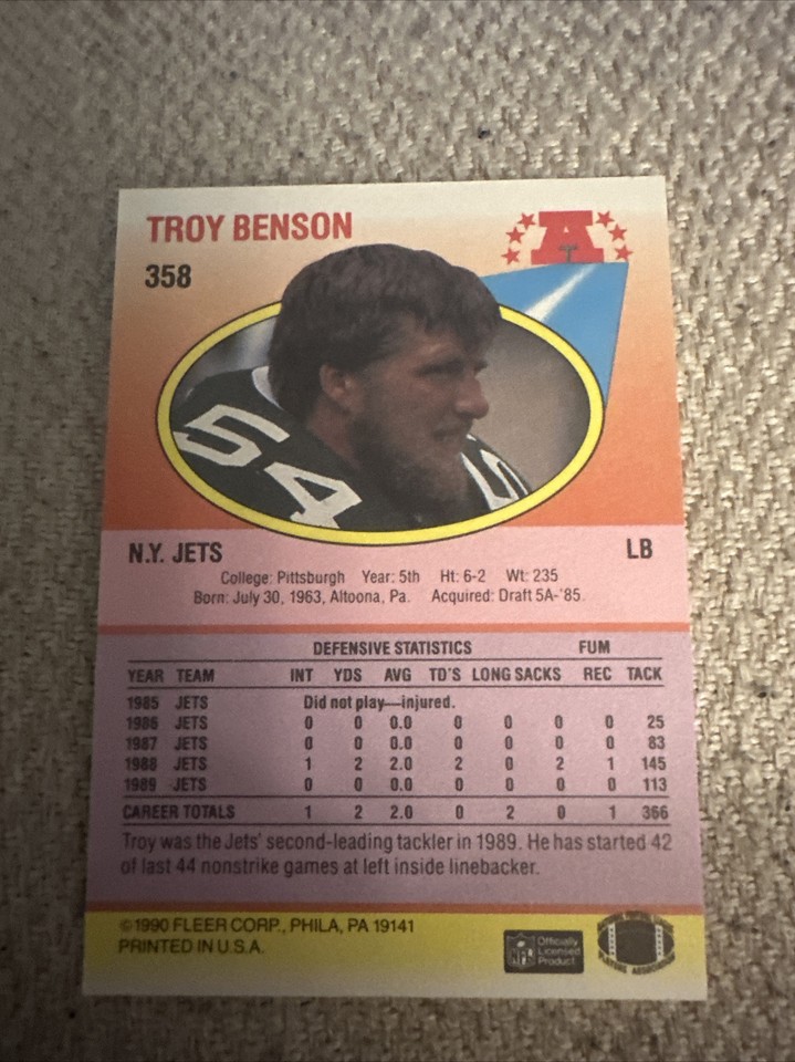 1990 Fleer #358 TROY BENSON New York Jets | eBay