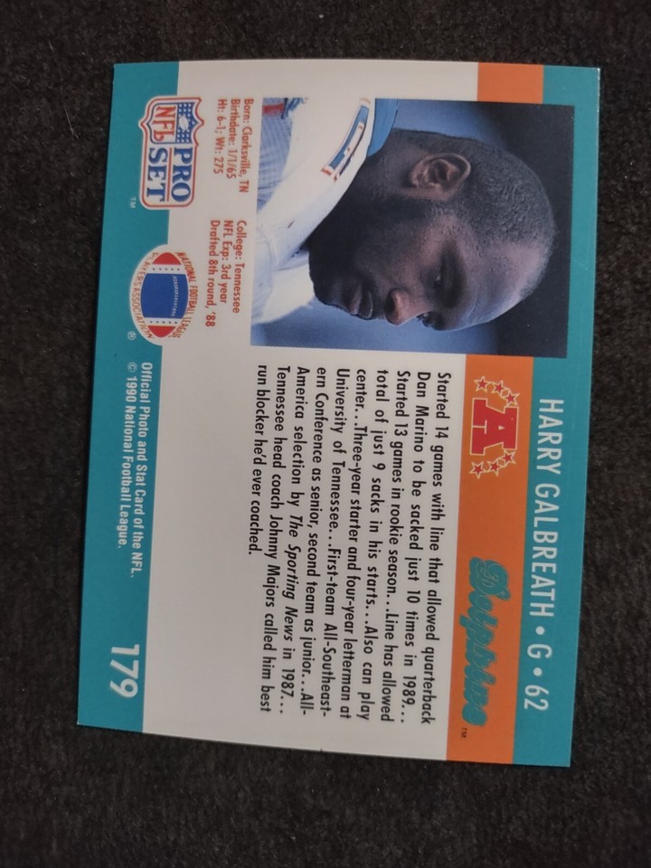 1990 Pro Set Harry Galbreath Rookie Miami Dolphins #179 Football Card ...
