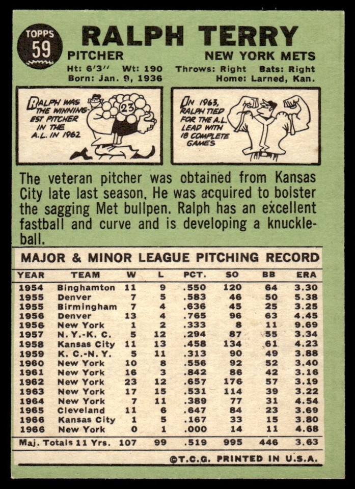 1967 Topps Ralph Terry New York Mets #59 | eBay