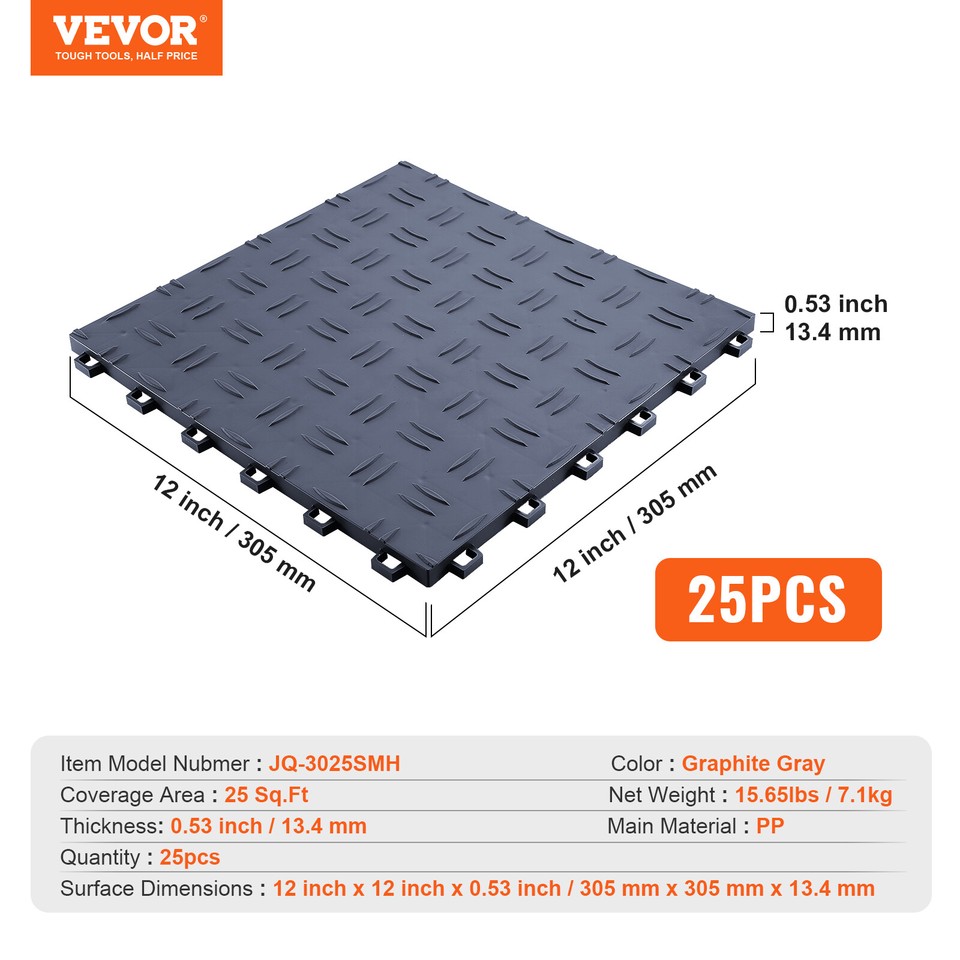 VEVOR 12x12" Garage Trac Interlocking Garage Flooring Mat Tiles 25 Pack ...