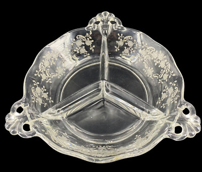 Vintage Fostoria Meadow Rose Clear Floral Etched Glass 8” Round Divided ...