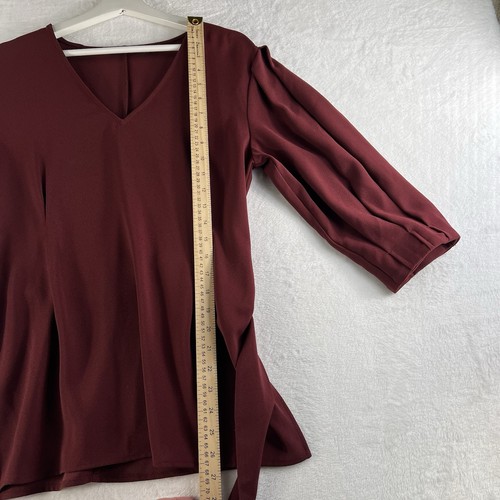 Halogen Medium M Tie Waist Top Burgundy Flowy Crepe Blouse Billowing 3/ ...