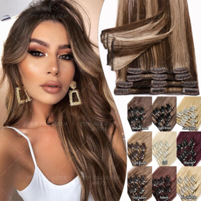 REAL 100% Remy Human Hair Extensions 8 Piece Clip In Half Full Head ...