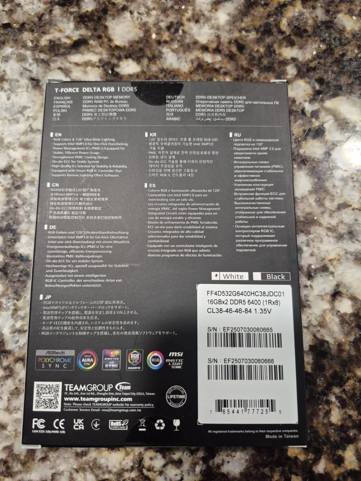 T-FORCE DELTA RGB DDR5 32GB (2x16GB) 6400MHz DIMM Desktop Memory White ...