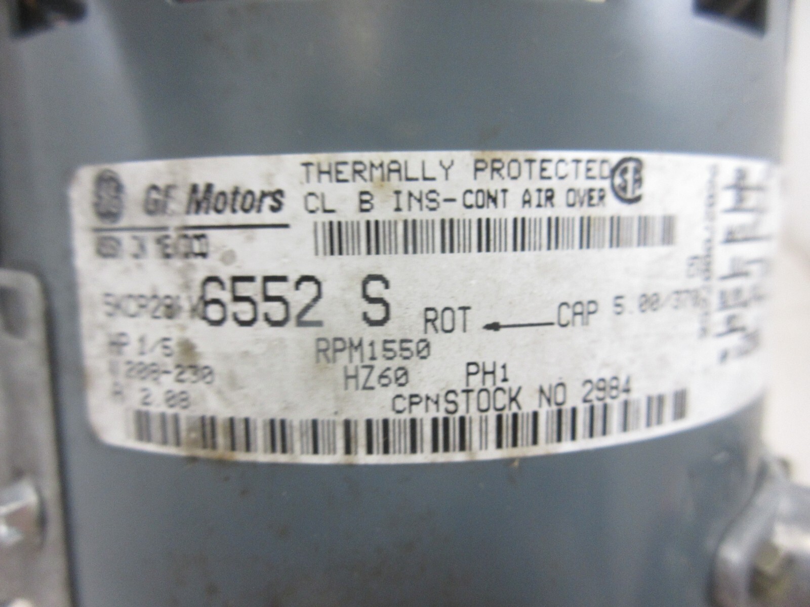 1/5 HP 2984 GE 5KCP29FK6552S DUAL SHAFT BLOWER MOTOR 208/230V 1550 RPM ...