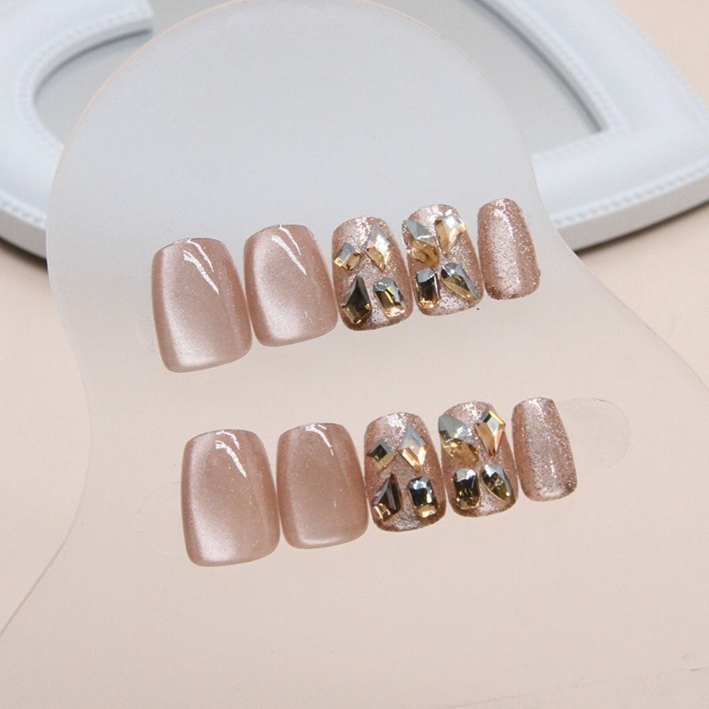 Cat Eye False Nails Short Ballerina Press on Nails Fake Nials Women ...