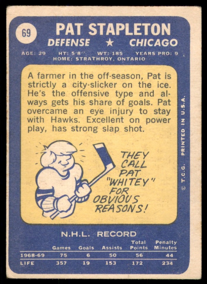 1969-70 Topps VG+ #69 Pat Stapleton Chicago Blackhawks | eBay