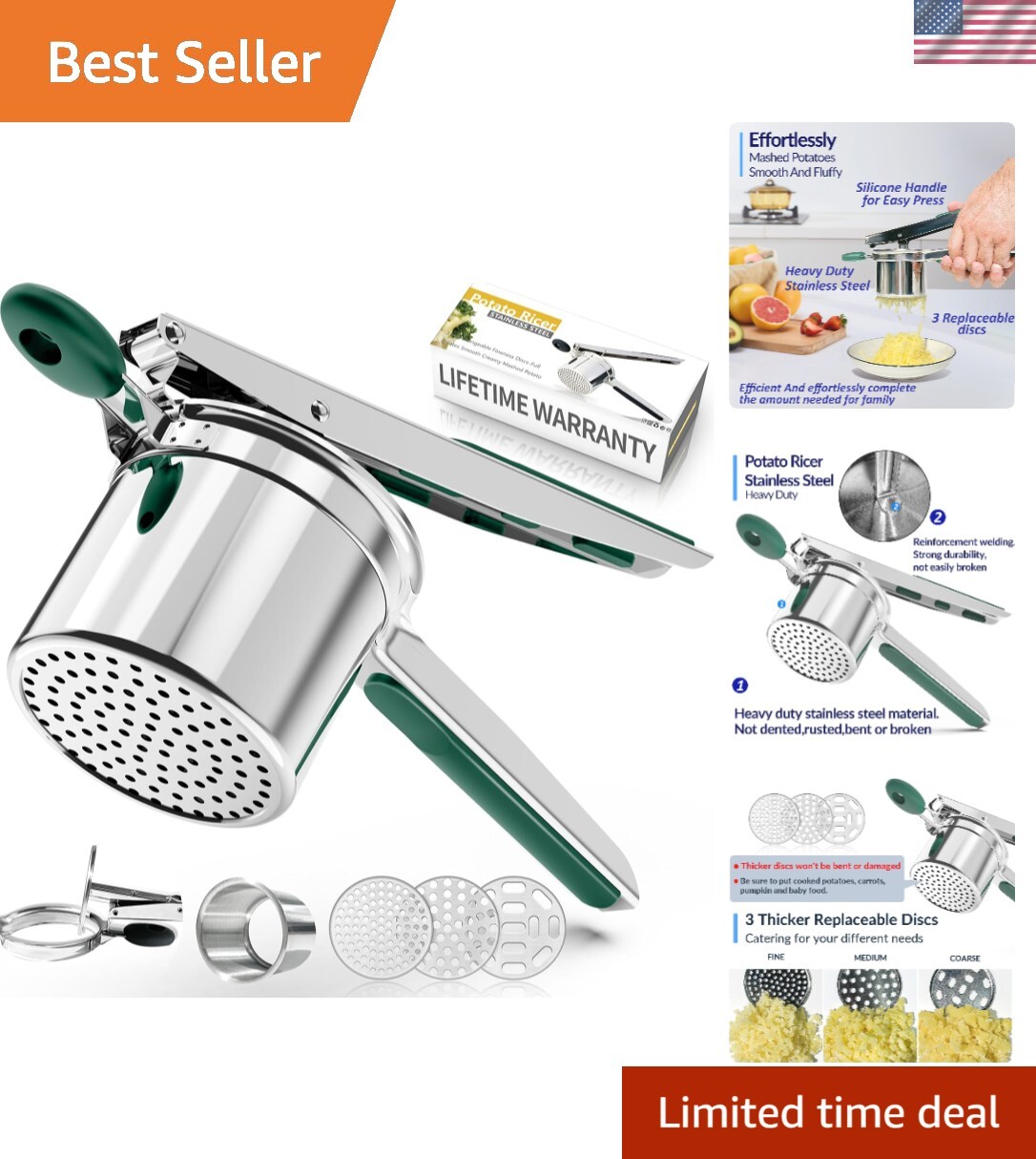 3-in-1 Potato Ricer & Spaetzle Press with Non-Slip Grip - Perfect for ...