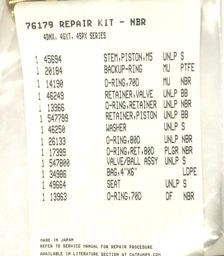 CAT PUMPS 76179 INTEGRAL UNLOADER REPAIR KIT 4DNX,4GXT 4SPX (OEM Part ...