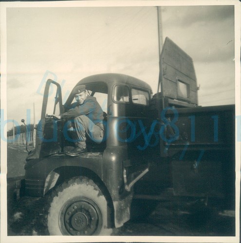 1950s Belgian Army Photo Soldier sat in cab of flat bed Truck 3.25x3.25 ...