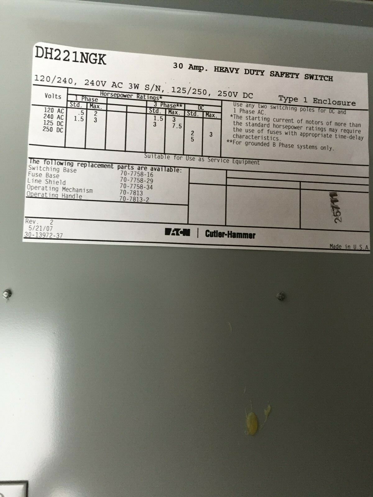 EATON CUTLER HAMMER DH221NGK 30 AMP 240 VOLT FUSED SINGLE PHASE ...