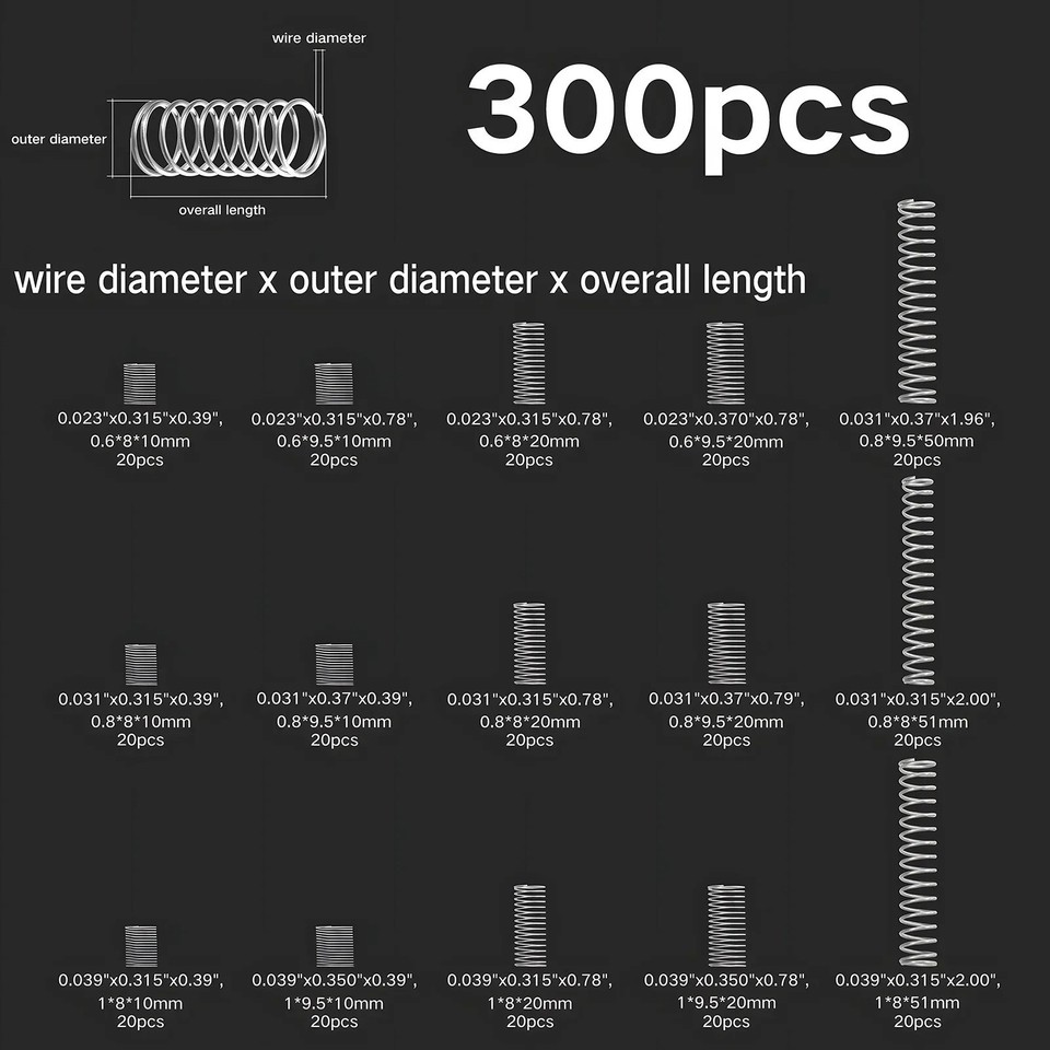 300Pcs Small Compression Spring Assortment Kit 304 Stainless Steel 15 ...
