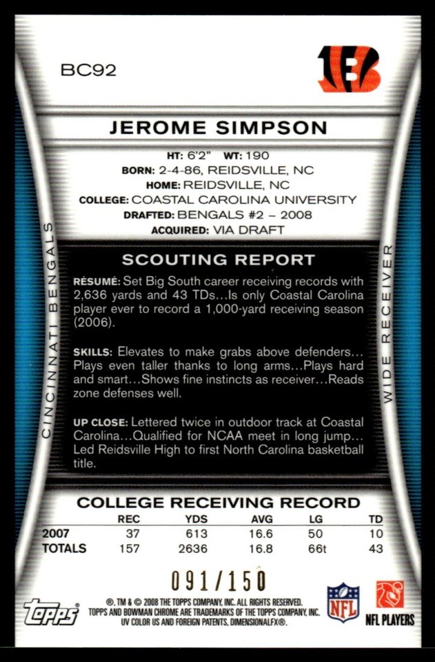 2008 Bowman Chrome Rookie Autographs Green Jerome Simpson Rookie Auto ...