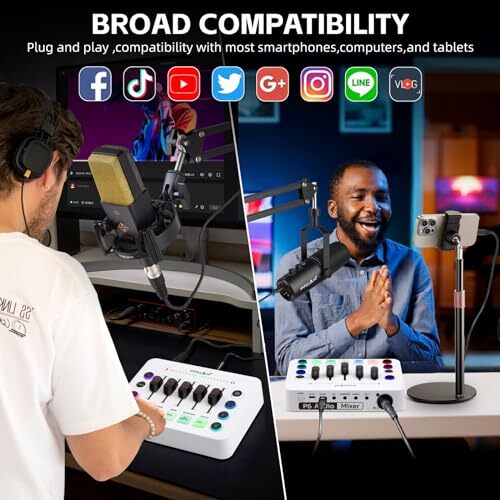Gaming Audio Mixer, Live Streaming Sound Card RGB PC DJ Mixer with ...