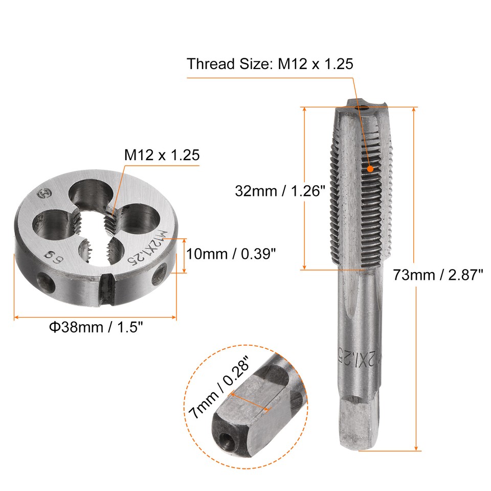 3pcs M12 x 1.25 Taper/Bottom Thread Taps + Round Die Metric Hand Tap ...