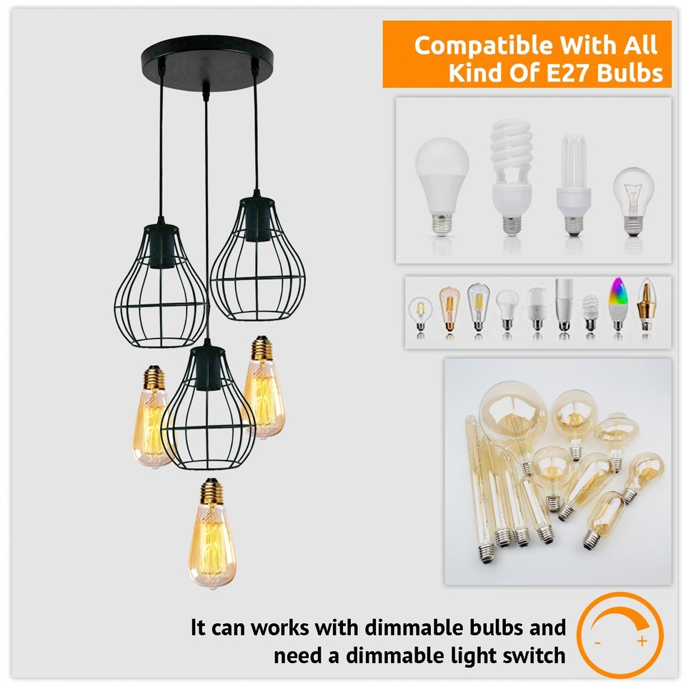 Vintage Ceiling Pendant Light Industrial Metal 3Head Cage LED Hanging ...