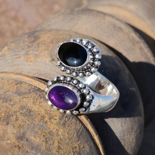 Natural Black Onyx & Amethyst Gemstone 925 Sterling Silver Handwork ...